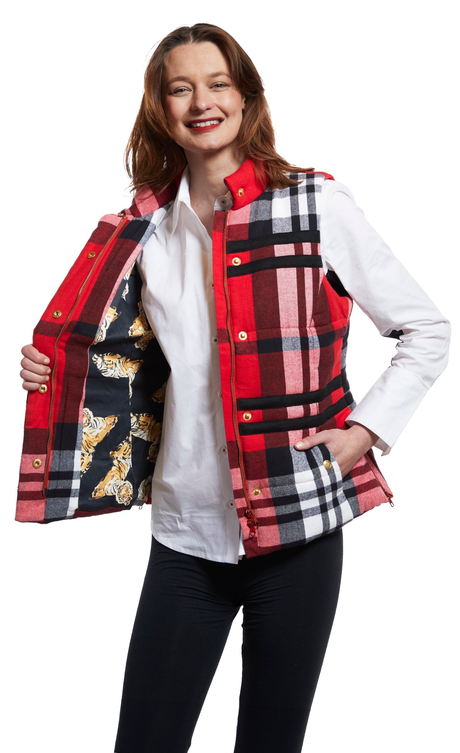 Dizzy-Lizzie Rosey Vest - Red Yarndyed Flannel Plaid – Barbara Katz